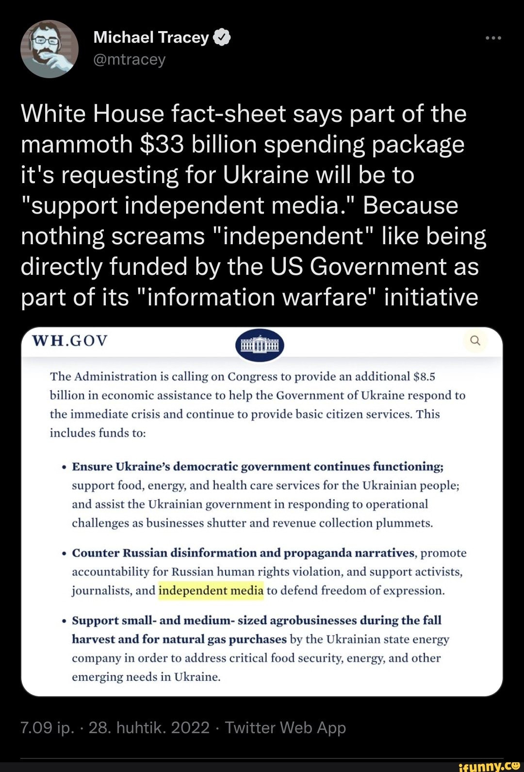 Michael Tracey @ White House fact-sheet says part of the mammoth $33 ...