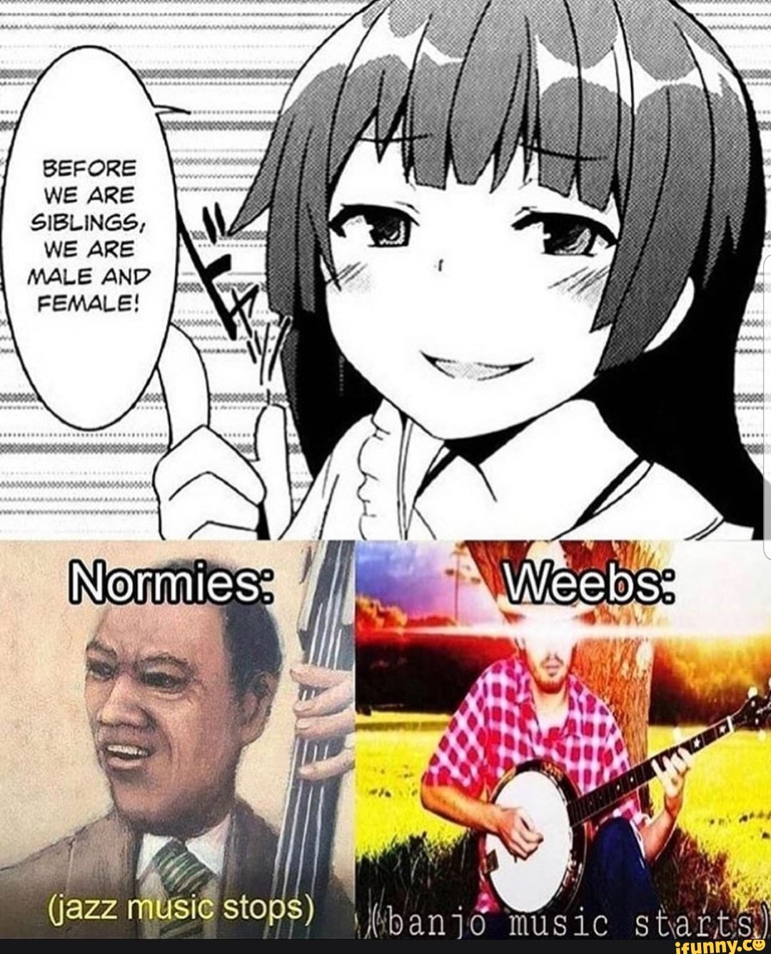 SIBLINGS, WE ARE MALE AND FEMALE! Usió stops) (jazz banjo music starts ...