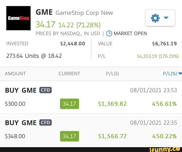 GME GameStop Corp New 34.17 14.22 (71.28%) PRICES BY NASDAQ,, IN USD I ...