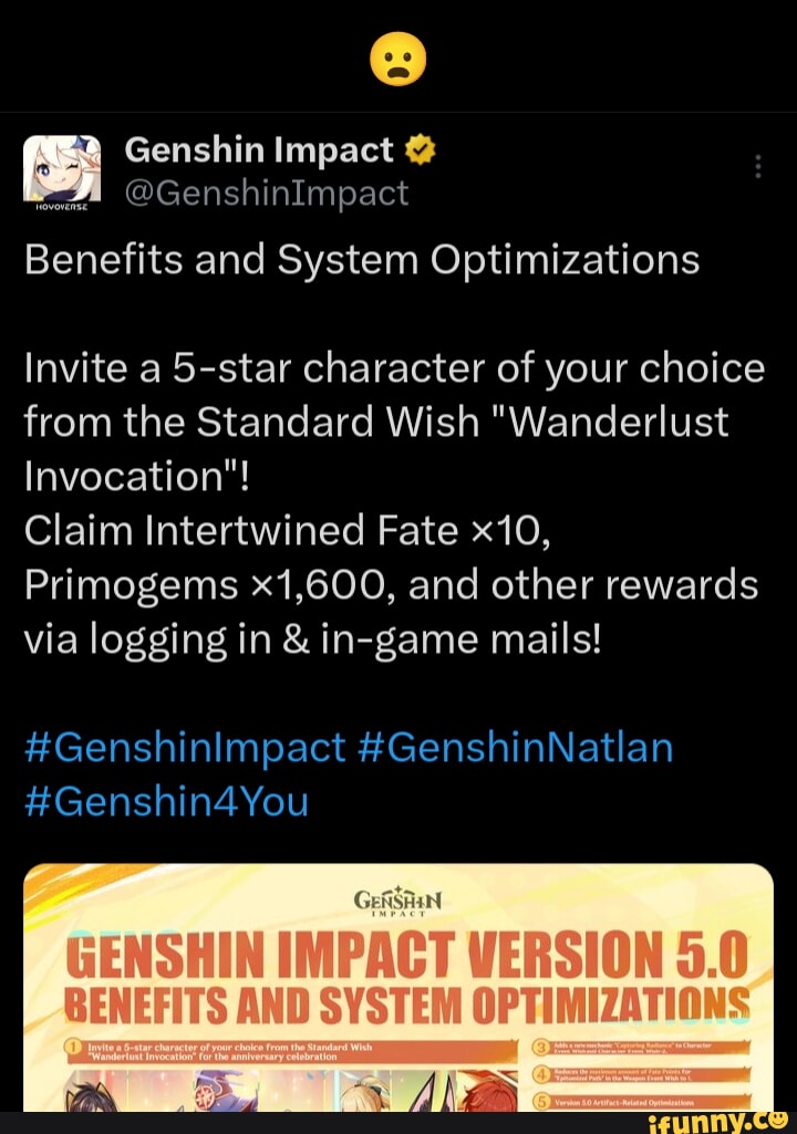 Genshin Impact @GenshinImpact Benefits and System Optimizations Invite ...
