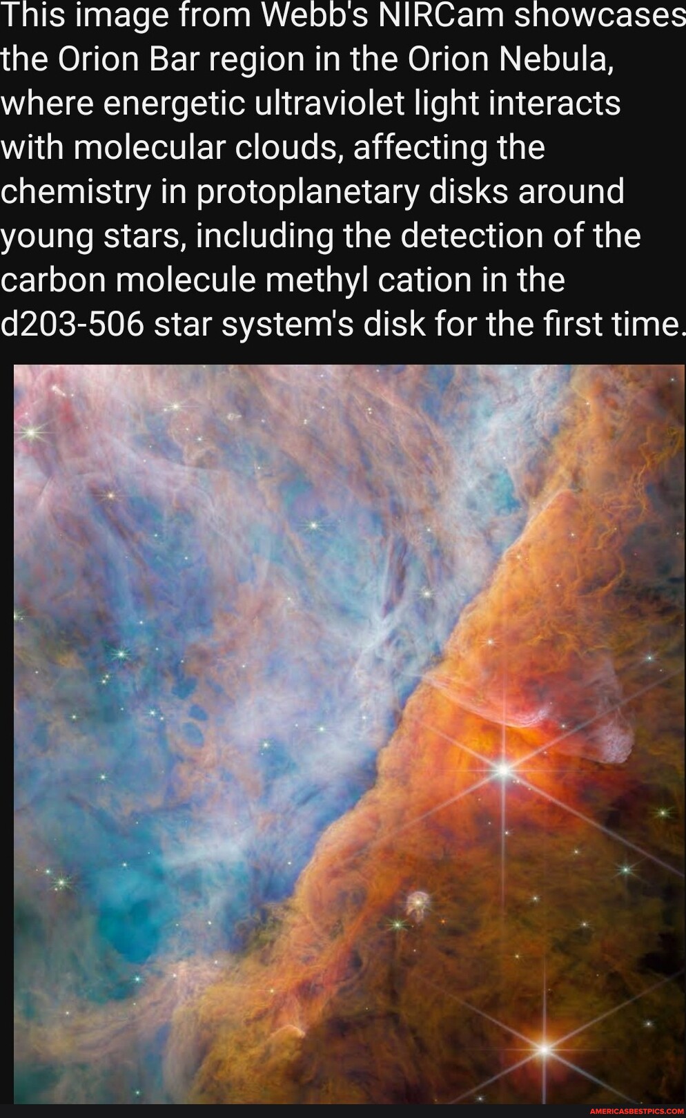 This image trom Webbs NIRCam showcases he Orion Bar region in the Orion ...