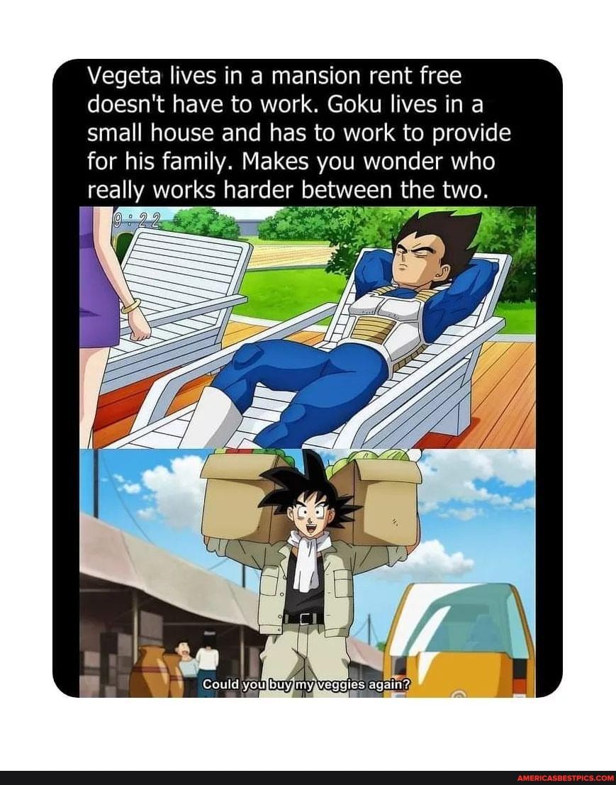 Vegeta lives in a mansion rent free doesn't have to work. Goku lives in ...