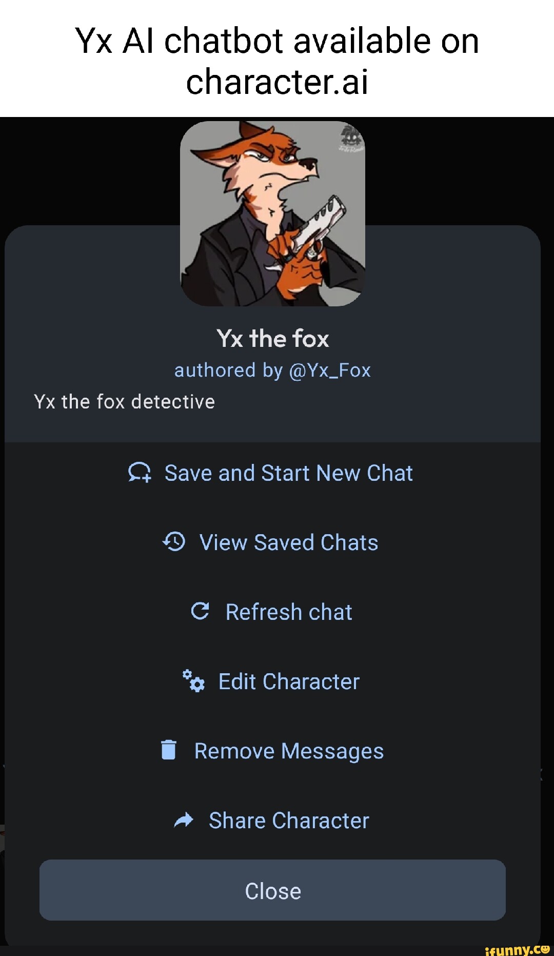 Yx Al chatbot available on character.ai Yx the fox authored by @Yx_Fox ...