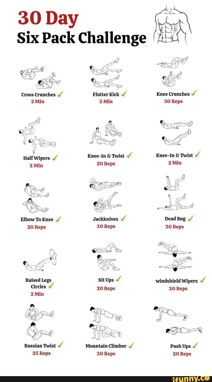30 Day Six Pack Challenge Cross Crunches / Flutter Kick / Knee Crunches ...