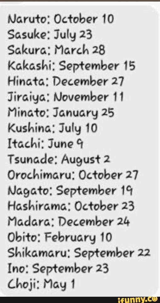 Naruto: October 10 Sasuke: July 23 Sakura: March 28 Kakashi: September ...