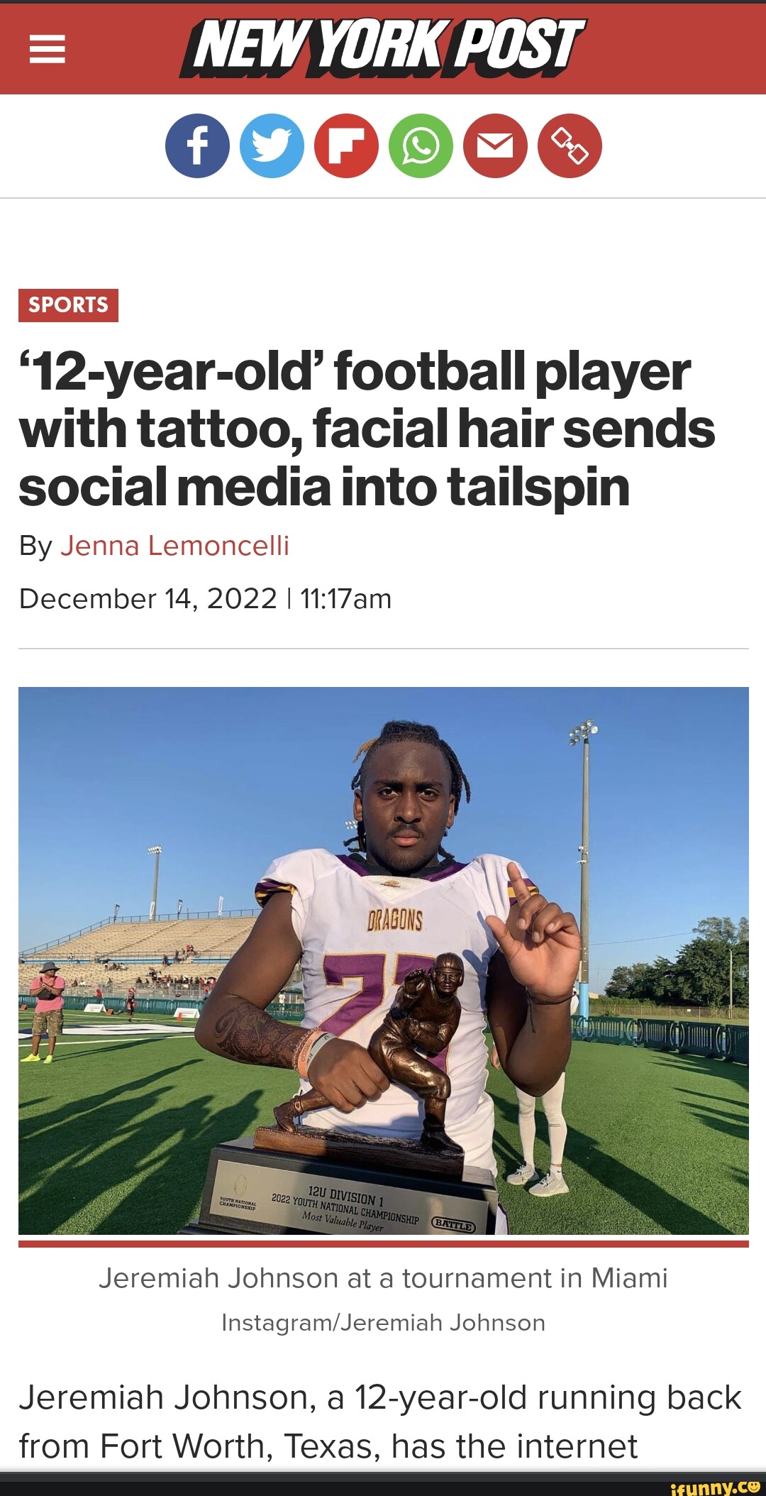 NEW YORK POST "12-year-old' football player with tattoo, facial hair sends social media into ...