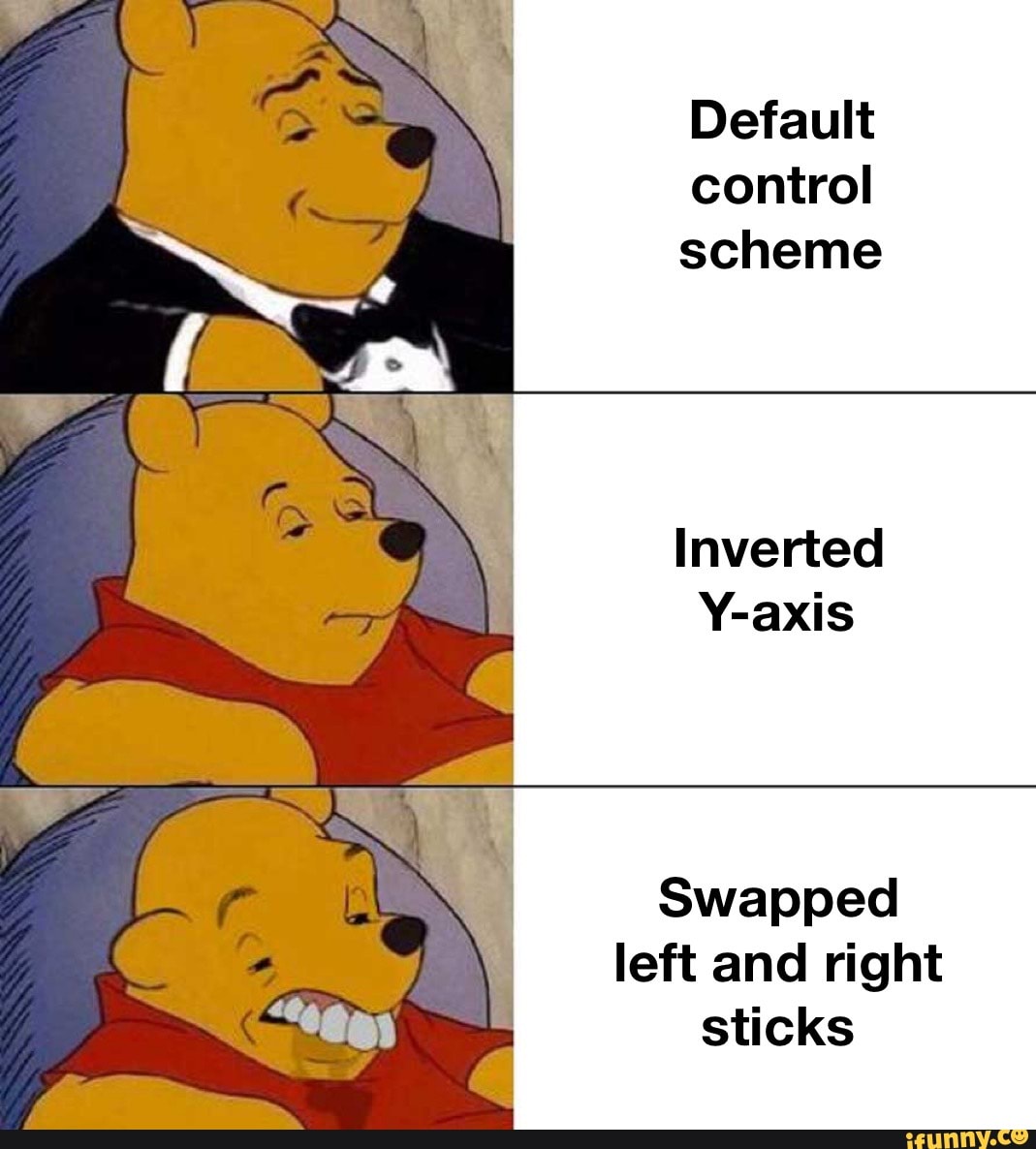 Default control scheme Inverted Y-axis Swapped left and right sticks ...