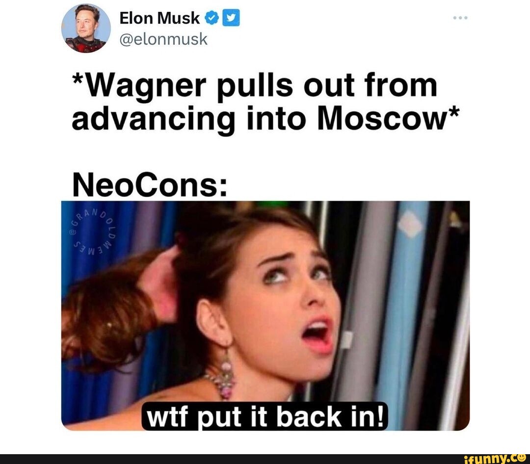 Elon Musk @ *Wagner pulls out from advancing into Moscow* NeoCons: I wtf put it back in! - iFunny