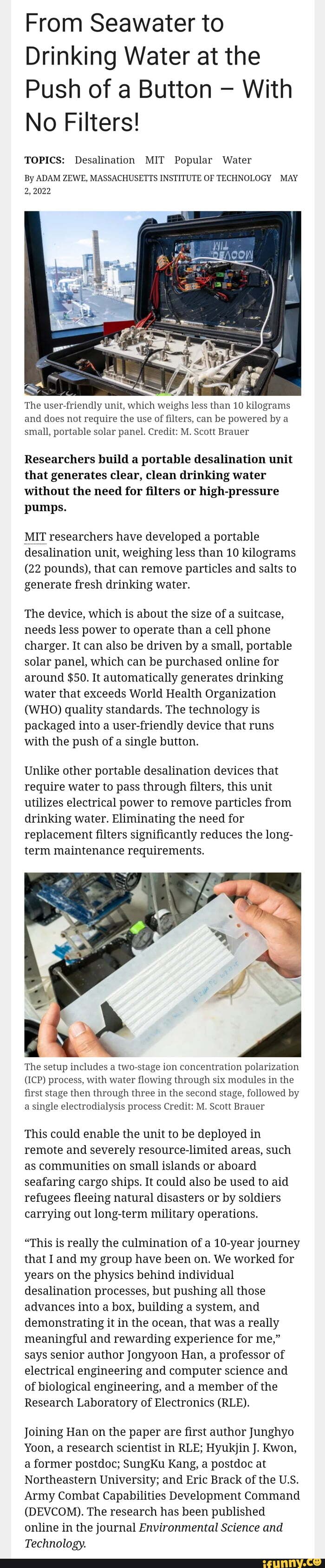 From Seawater to Drinking Water at the Push of a Button With No Filters ...