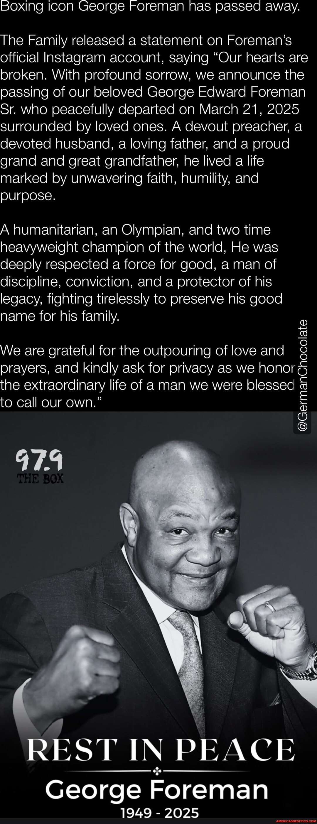 Boxing icon George Foreman has passed away. The Family released a ...