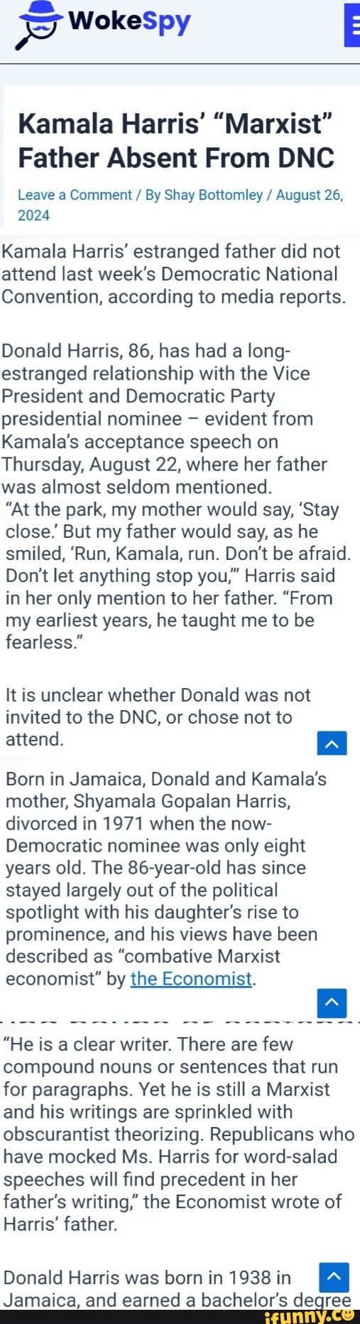 Jo Wokespy E Kamala Harris' "Marxist" Father Absent From DNC Leave a ...