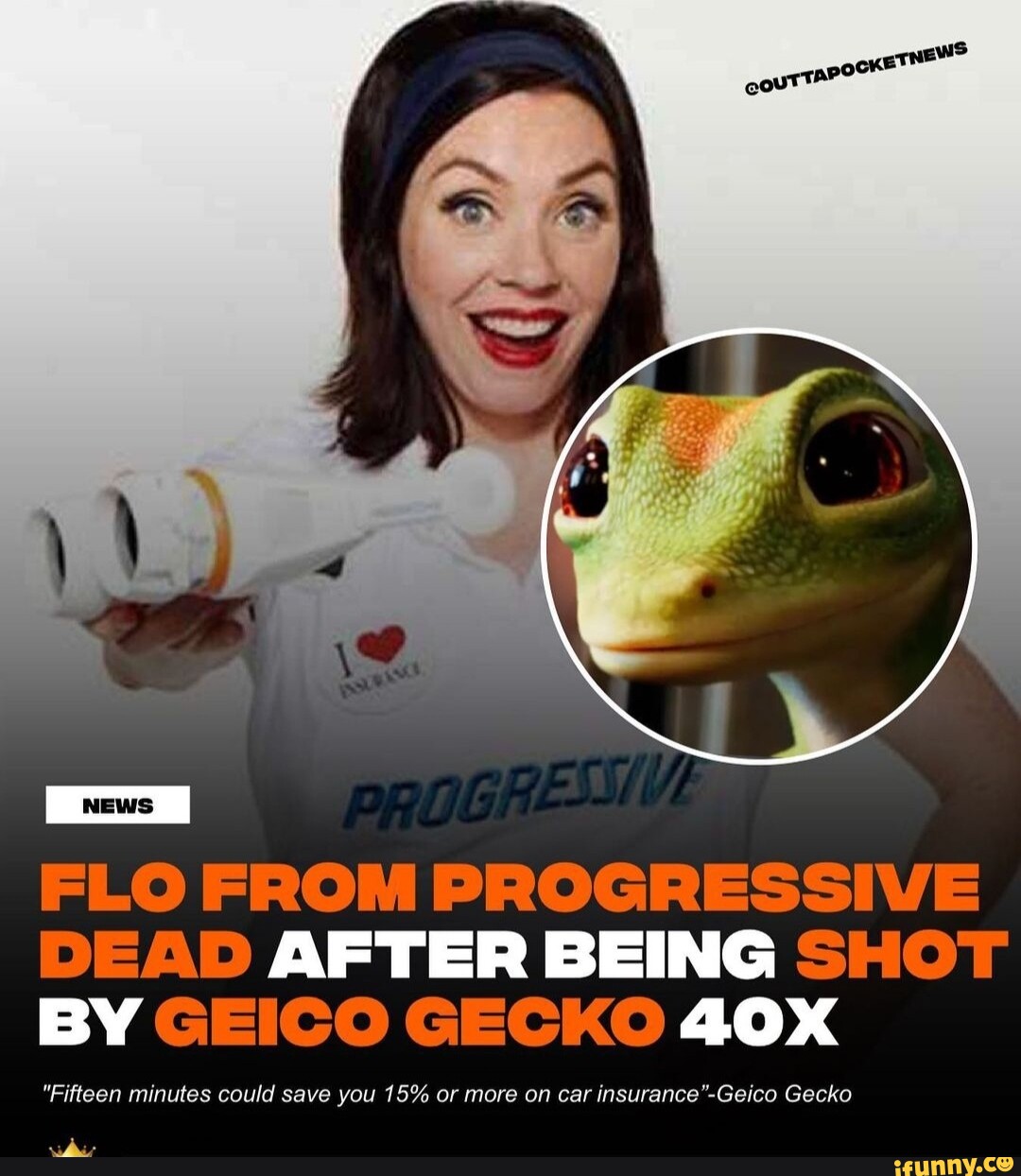 FLO FROM PROGRESSIVE DEAD AFTER BEING SHOT BY GEICO GECKO "Fifteen ...