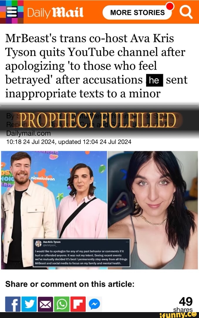 MORE STORIES MrBeast's trans co-host Ava Kris Tyson quits YouTube ...