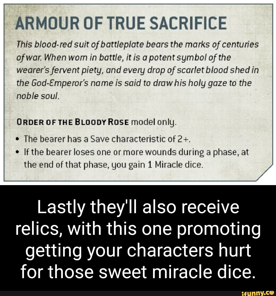 ARMOUR OF TRUE SACRIFICE This blood-red suit of battleplate bears the ...