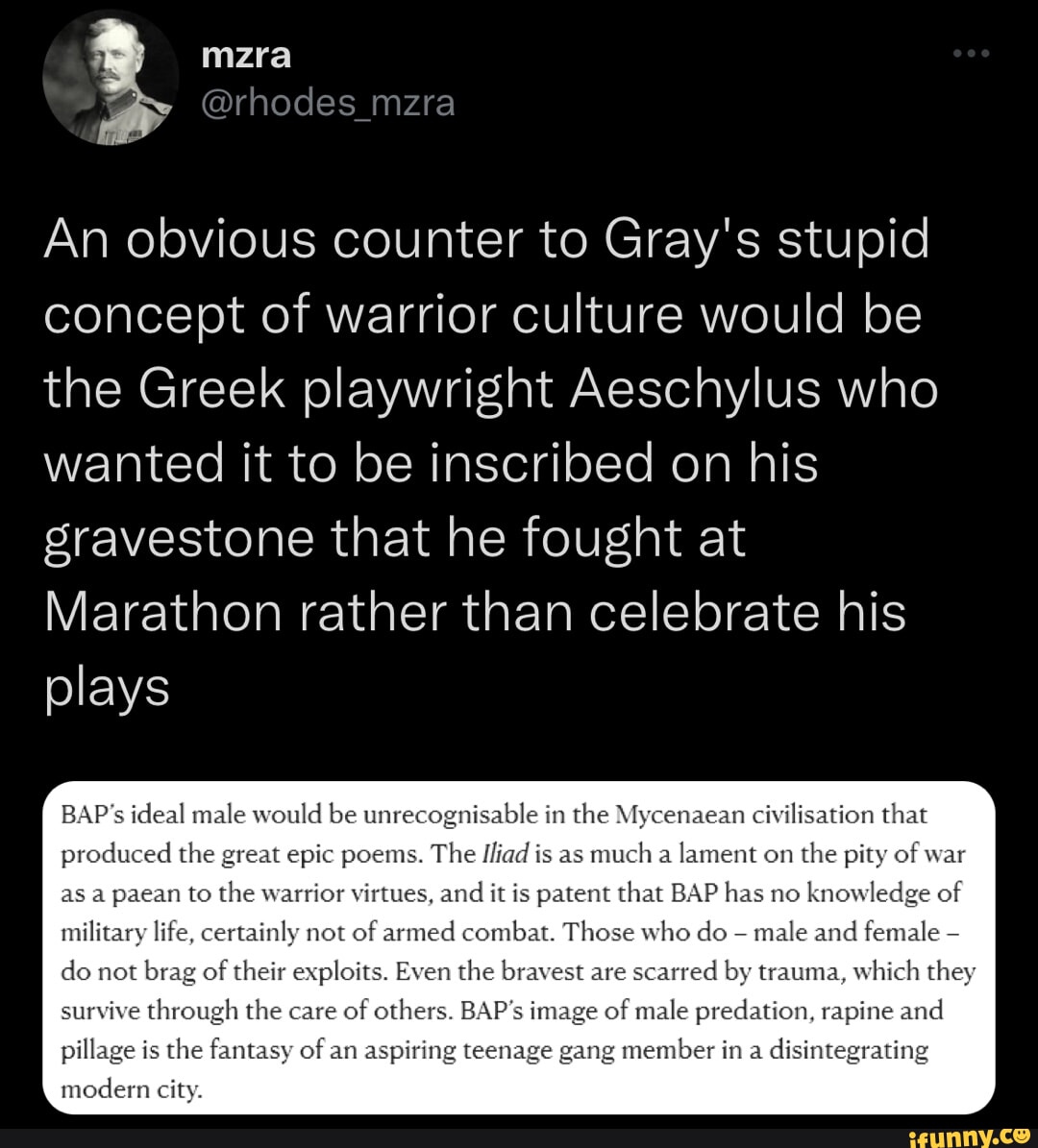 An obvious counter to Gray's stupid concept of warrior culture would be ...