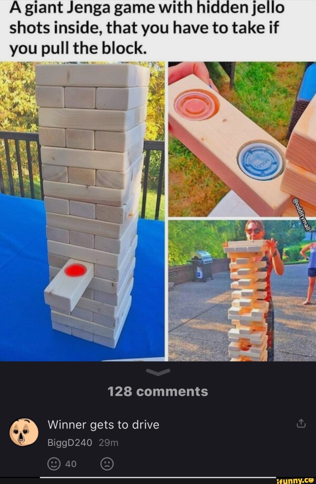 A giant Jenga game with hidden jello shots inside, that you have to ...