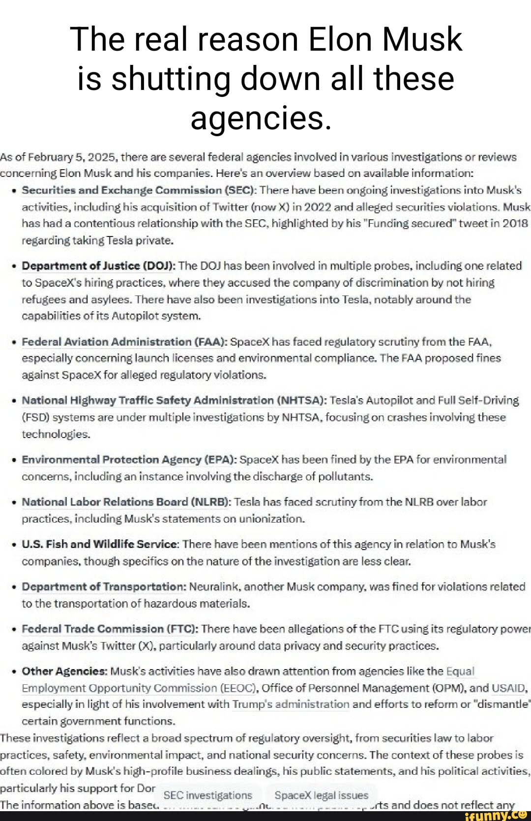 The real reason Elon Musk is shutting down all these agencies. As of ...