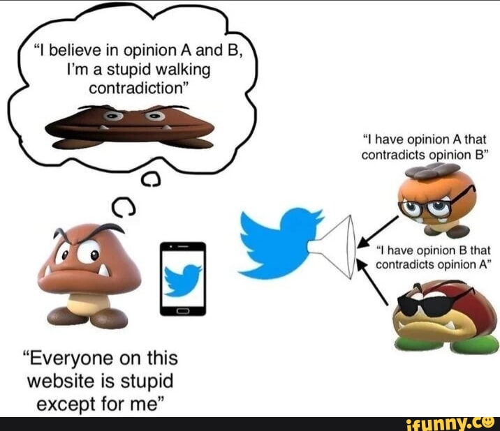 Believe in opinion A and B, I'm a stupid walking contradiction ...