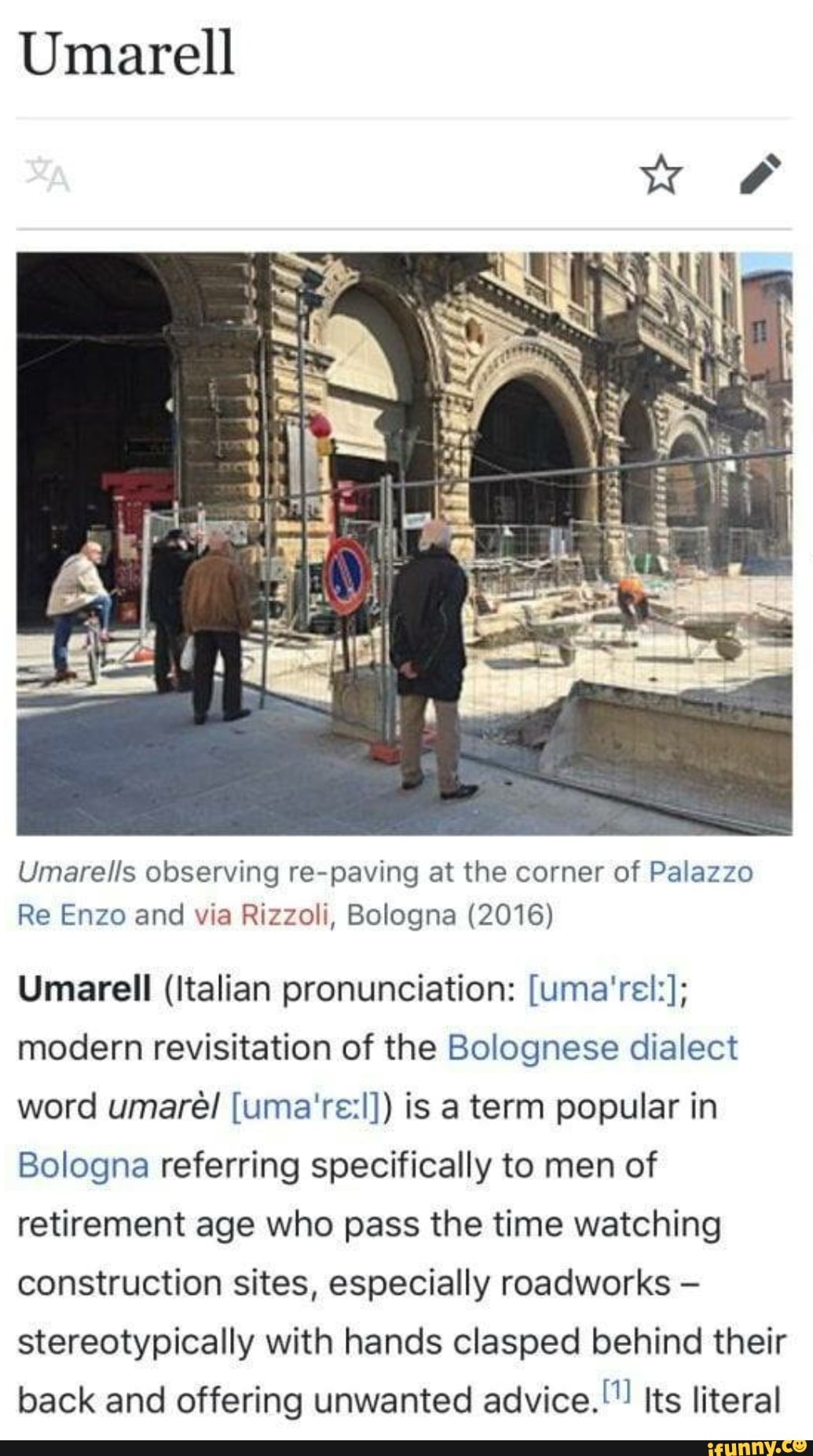 Umarell Umarells observing re-paving at the corner of Palazzo Re Enzo ...