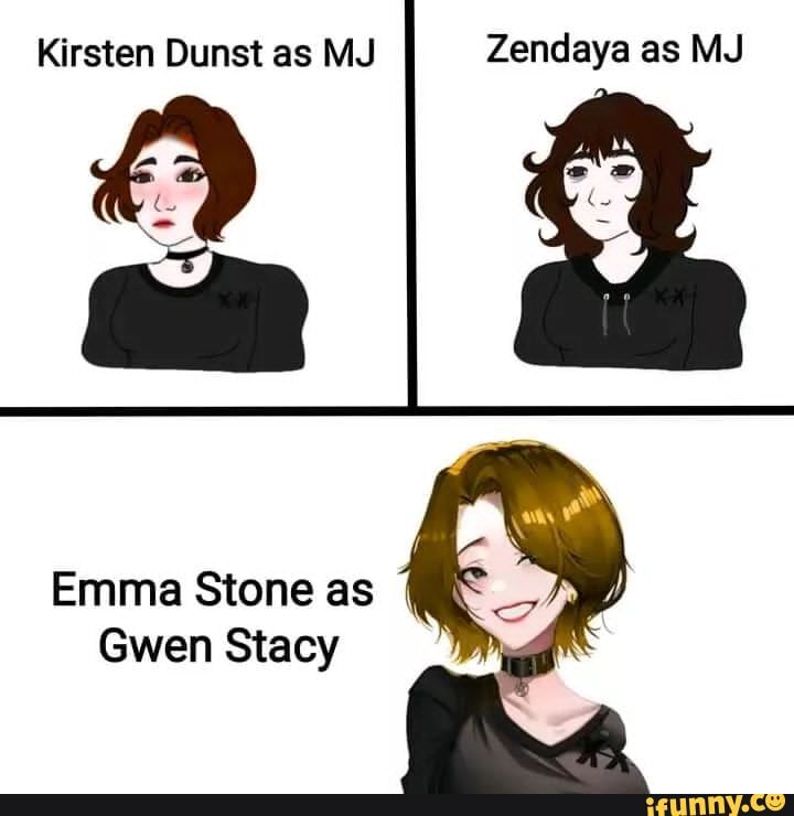 Kirsten Dunst as MJ Zendaya as MJ Emma Stone as Gwen Stacy - iFunny