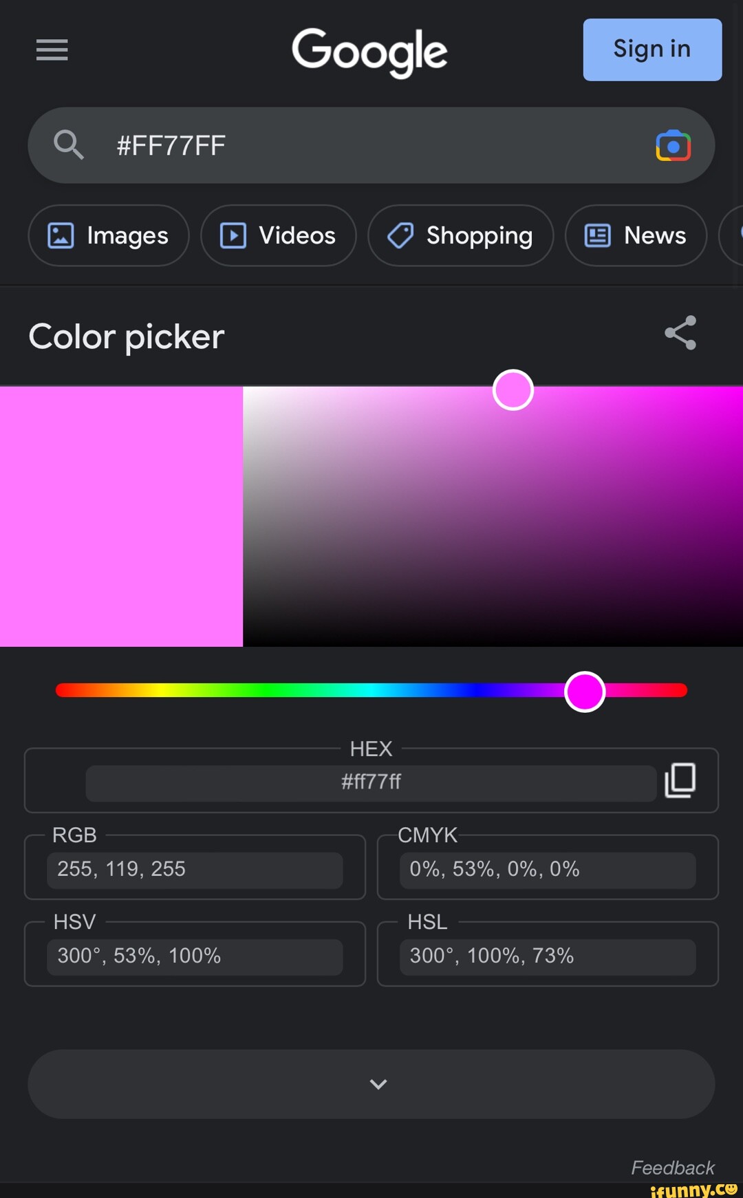 = Google #FF77FF Sign Images Videos Shopping News Color picker