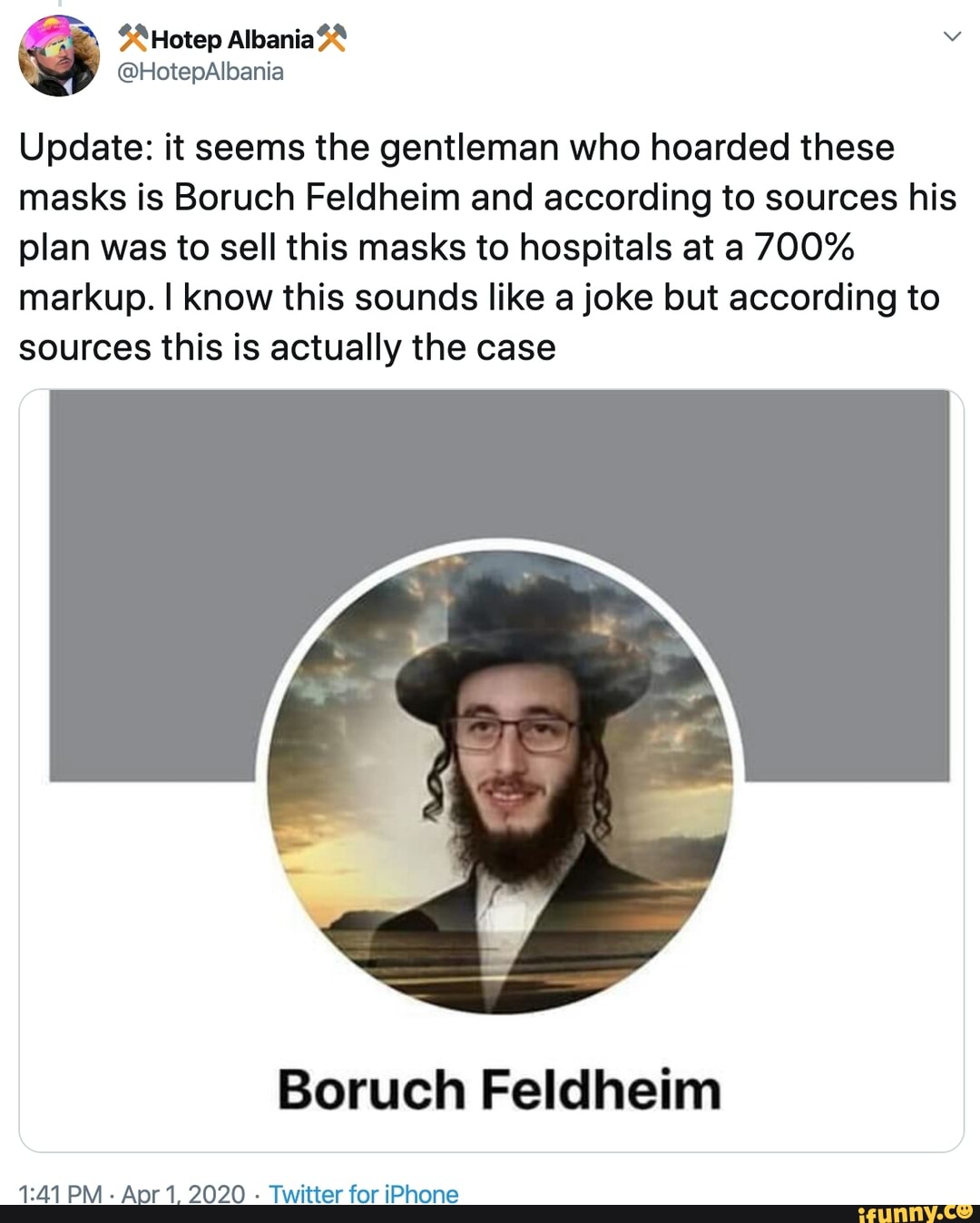 Update: it seems the gentleman who hoarded these masks is Boruch ...