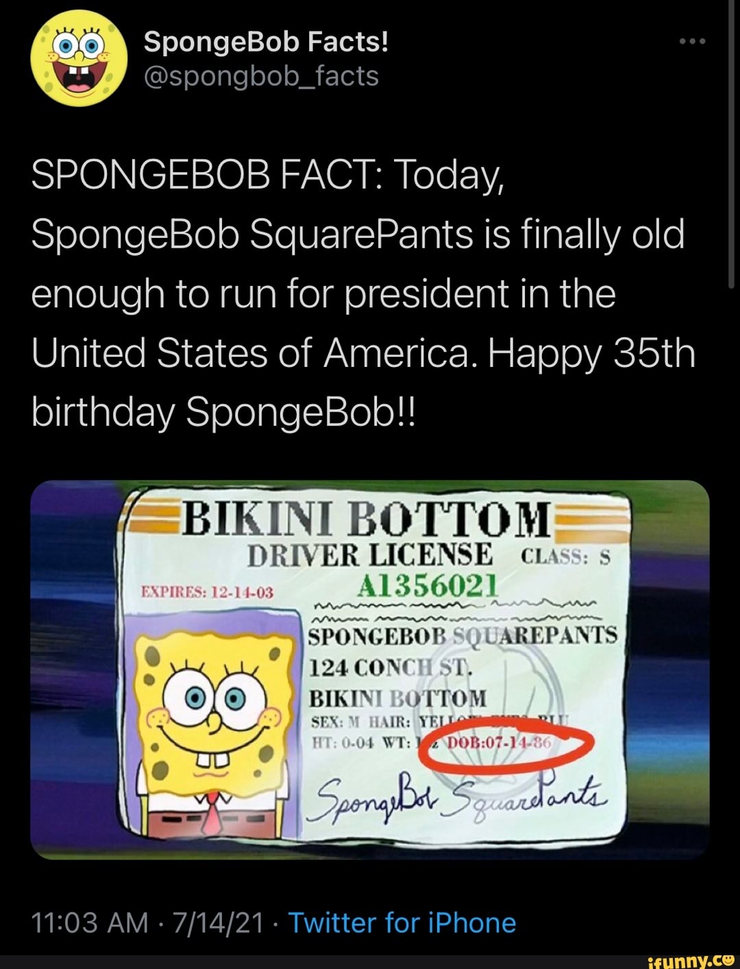 SPONGEBOB FACT: Today, SpongeBob SquarePants is finally old enough to ...