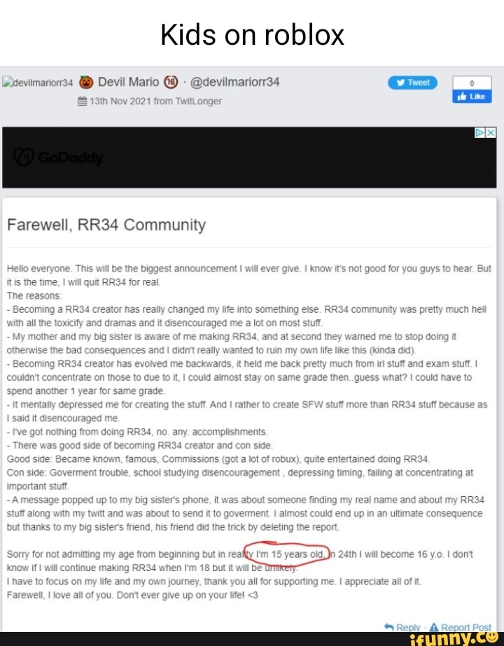 Kids on roblox Devil Mario @devilmariorr34 Farewell, RR34 Community ...