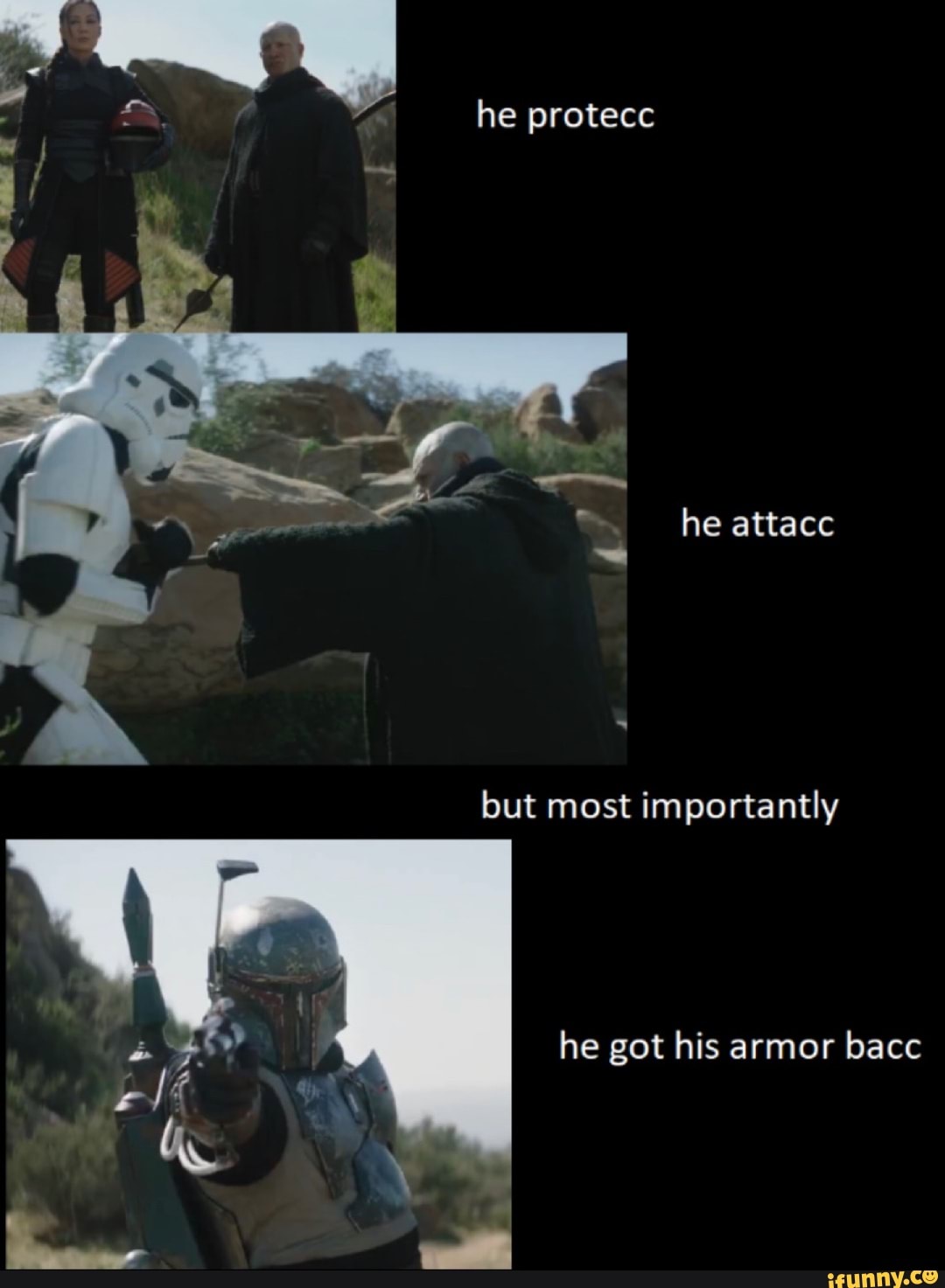 He protecc ~ * he attace but most importantly he got his armor bacc ...