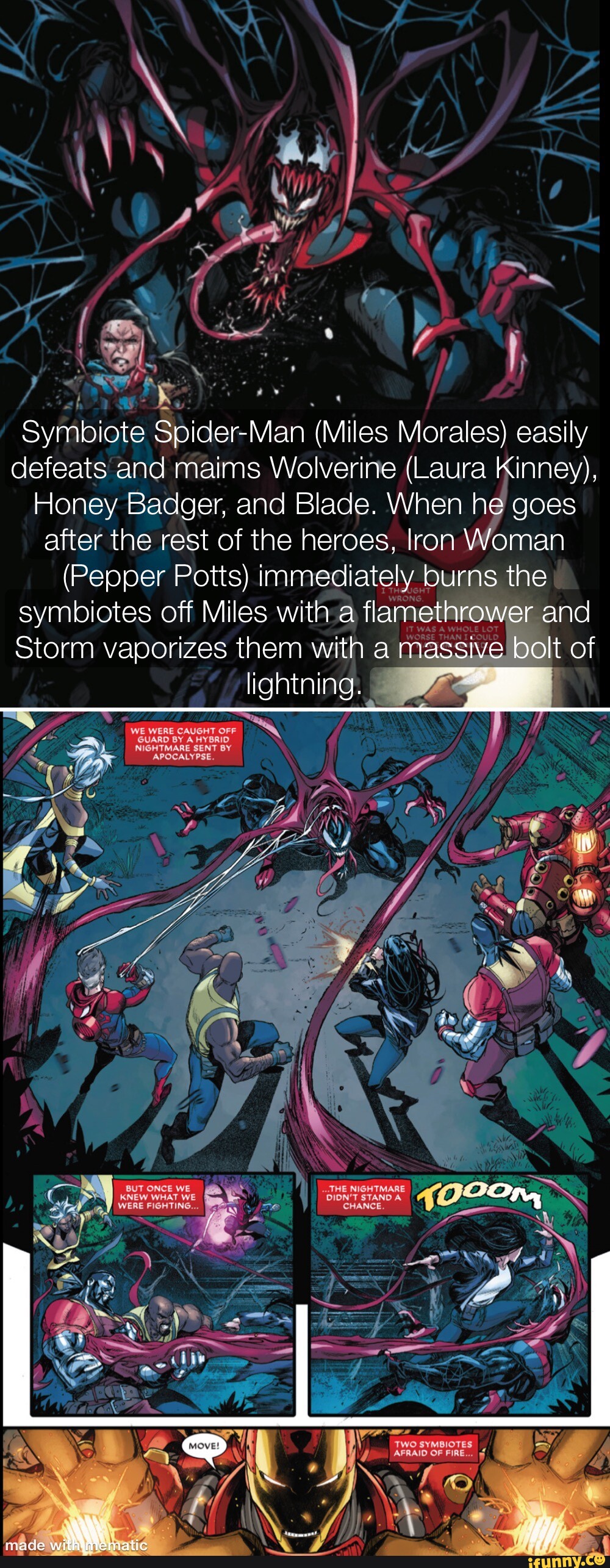 Symbiote Spider-Man (Miles Morales) easily defeats and maims Wolverine ...