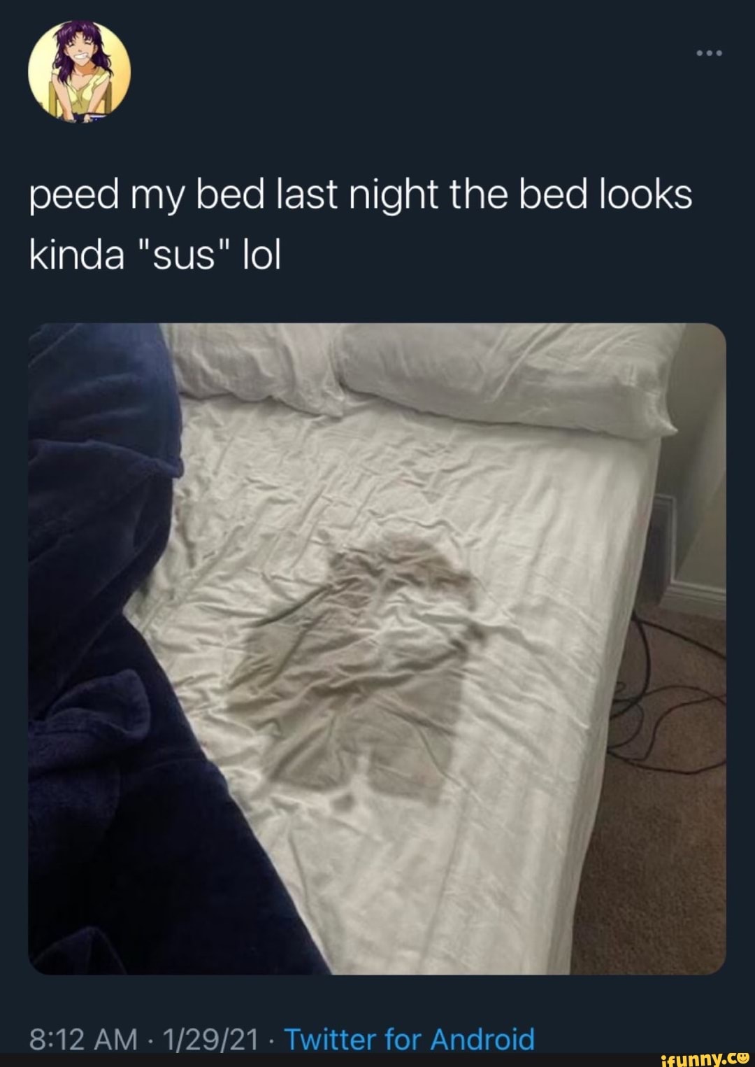 Peed My Bed Last Night The Bed Looks Kinda Sus Lol Am Twitter For Android Ifunny