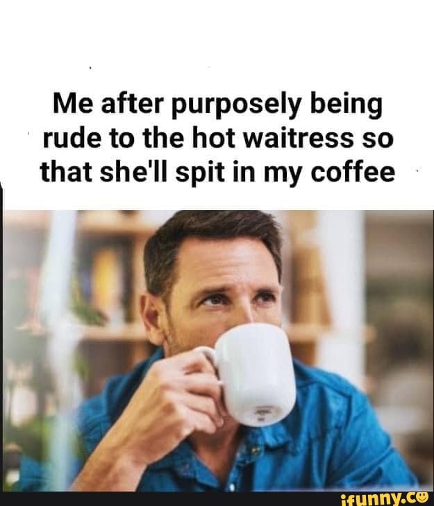 Me after purposely being rude to the hot waitress so that she'll spit ...