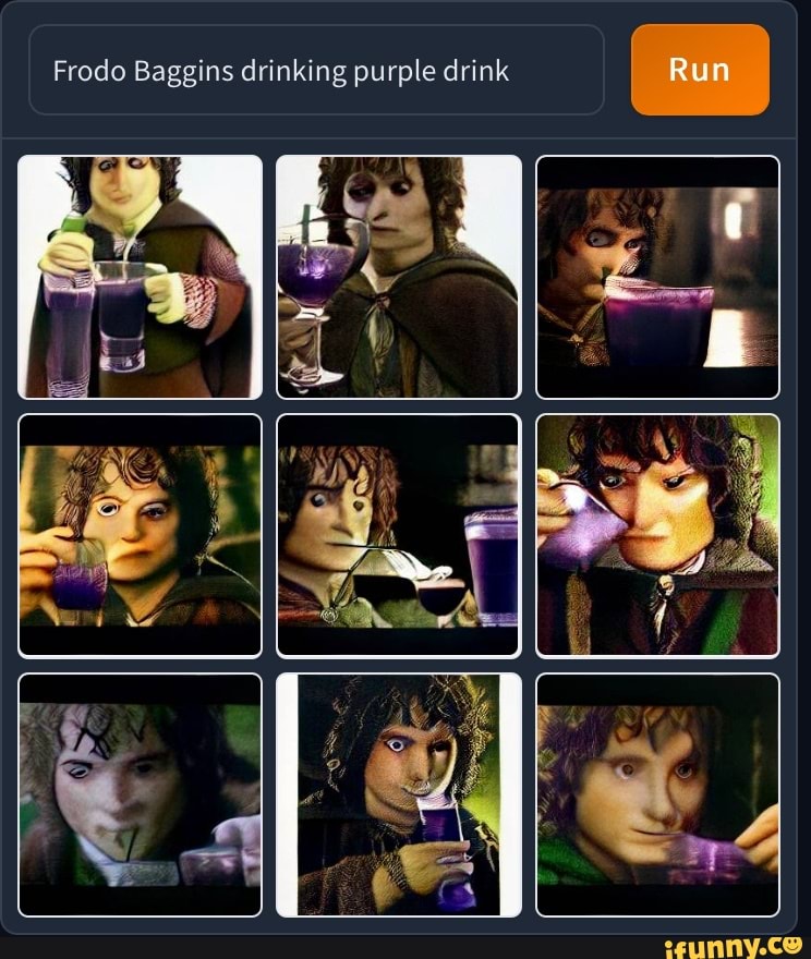 Frodo Baggins drinking purple drink Run - iFunny