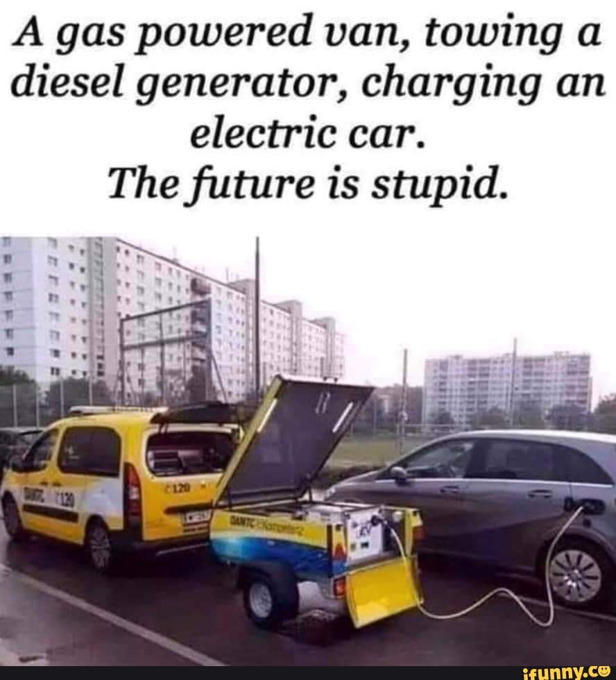 A gas powered van, towing a diesel generator, charging an electric car ...