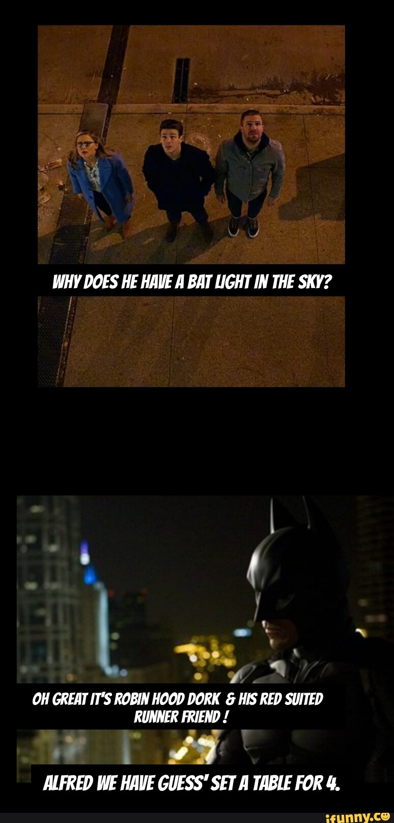 4 WHY DOES HE HAVE A BAT LIGHT IN THE SKY? OH GREAT IT'S ROBIN HOOD ...