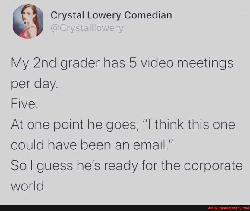Crystal Lowery Comedian My grader has 5 video meetings per day. Five ...