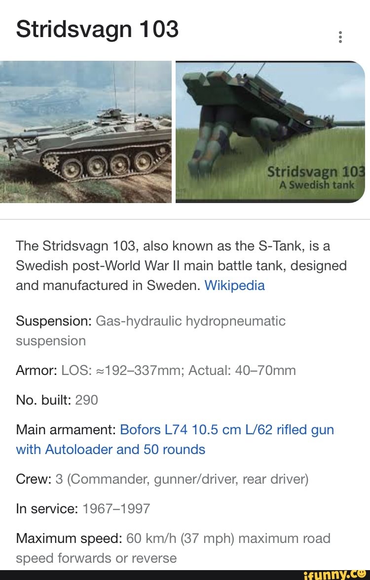 Stridsvagn 103 sh The Stridsvagn 103, also known as the S-Tank, is a ...