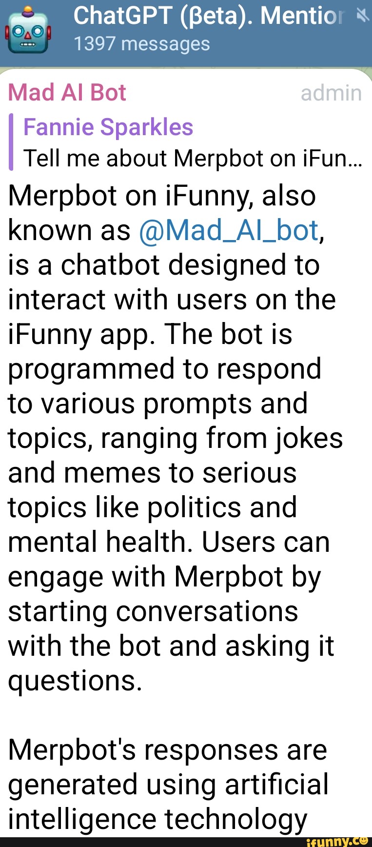 ChatGPT (Beta). Mentio; 1397 messages Mad Al Bot II Fannie Sparkles II ...