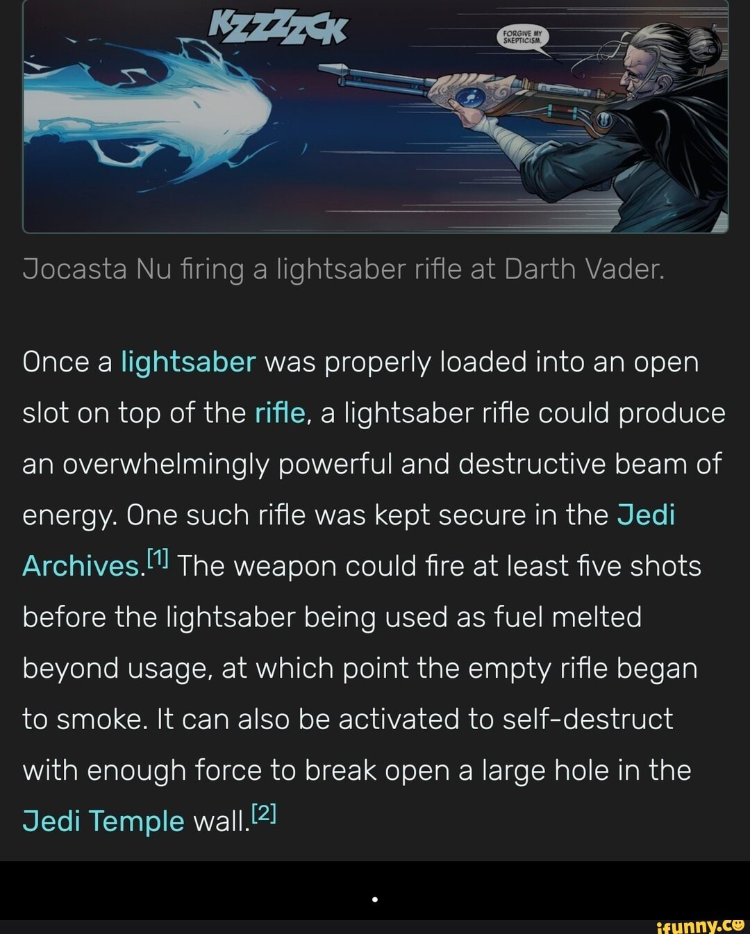 Jocasta Nu firing a lightsaber rifle at Darth Vader. Once a lightsaber ...
