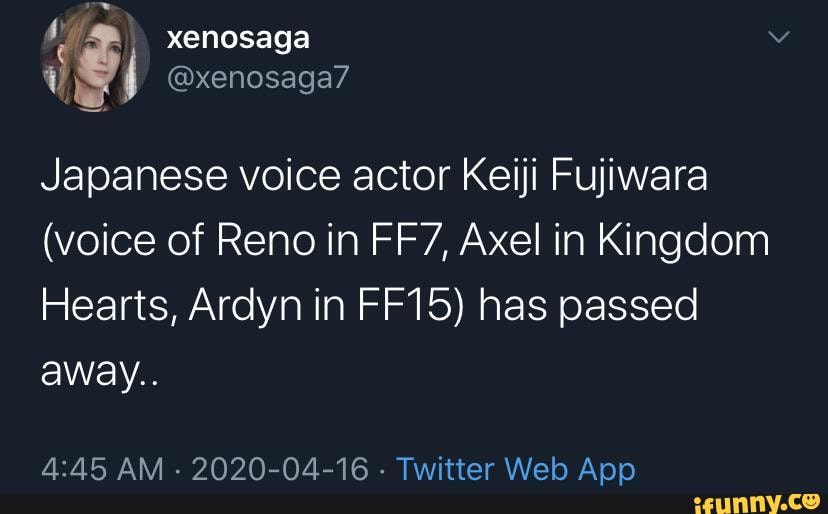 Japanese voice actor Keiji Fujiwara (voice of Reno in FF7, Axel in ...