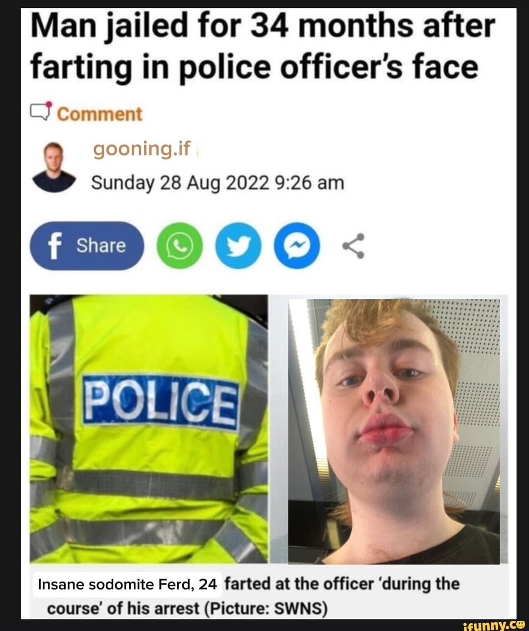 Man jailed for 34 months after farting in police officer's face CY ...
