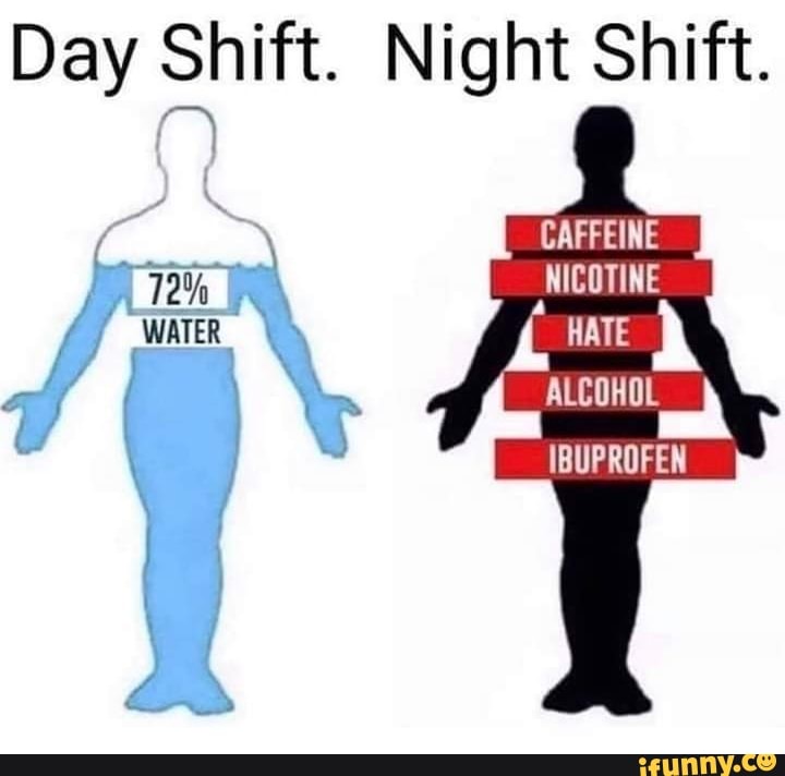 Day Shift. Night Shift. CAFFEINE NICOTINE ALCOBO WATER - iFunny
