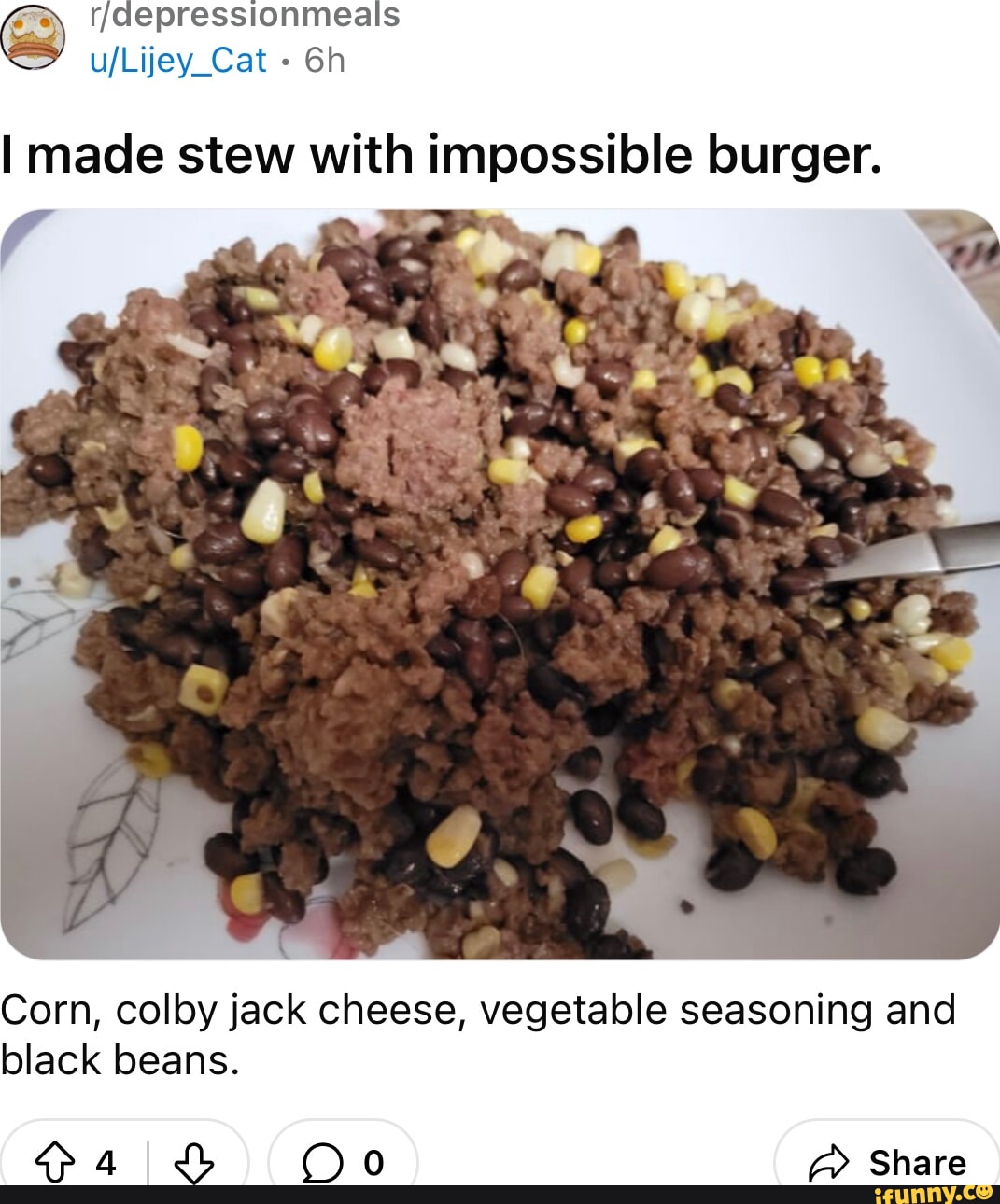 2) /depressionmeals Cat I made stew with impossible burger. Corn, colby ...