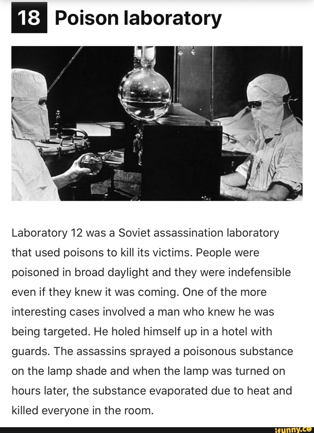 M Poison laboratory Laboratory 12 was a Soviet assassination laboratory ...