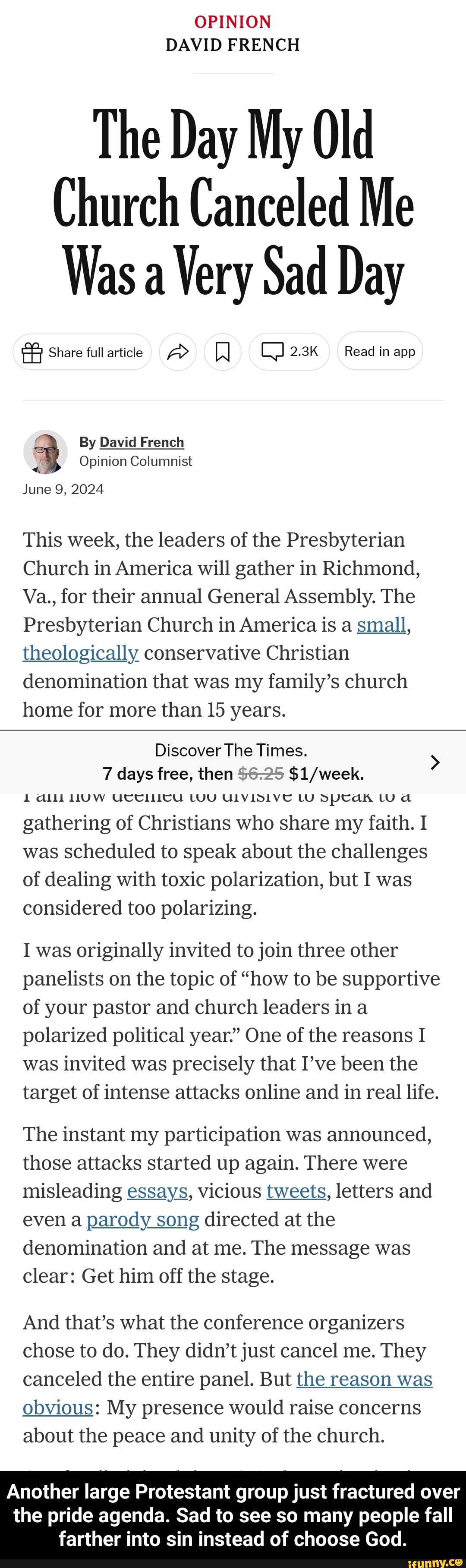 OPINION DAVID FRENCH The Day My Old Church Canceled Me Was a Very Sad ...