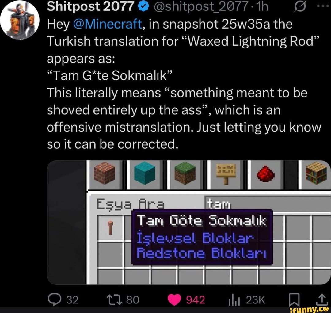 Shitpost 2077 @shitpost_2077 - ve Hey @Minecraft, in snapshot 25w35a ...