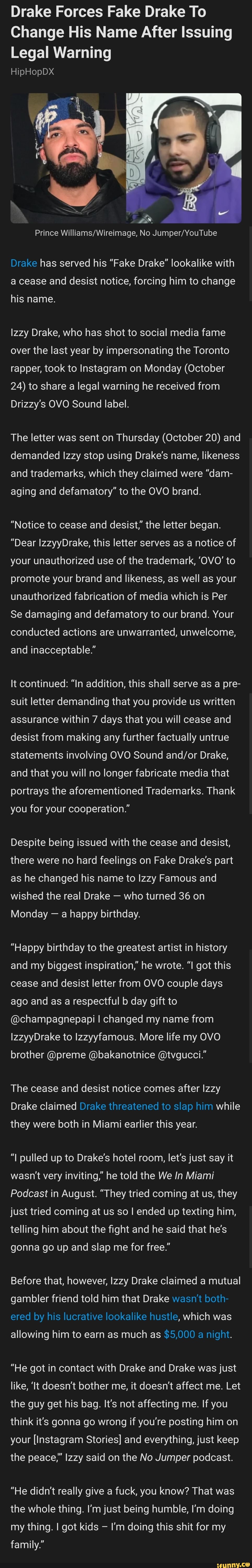 Drake Forces Fake Drake To Change His Name After Issuing Legal Warning ...