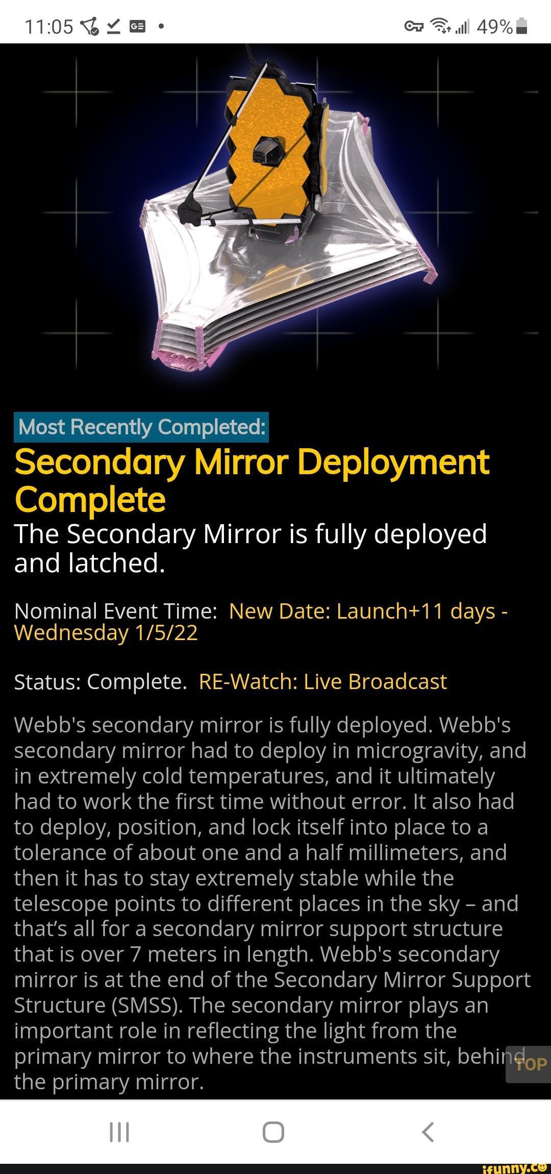 The secondary mirror of the JWT has been successfully deployed! - 1105 ...