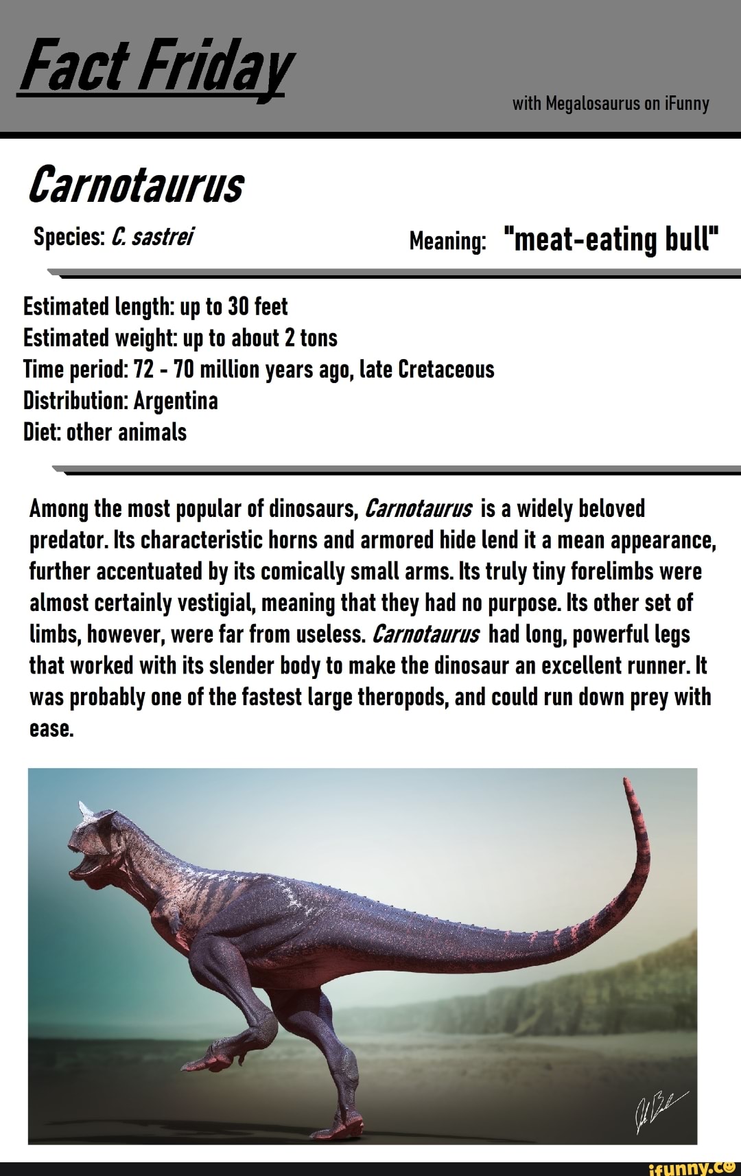 With on Carnotaurus Species: sastrei Meaning: "meat-eating bull ...