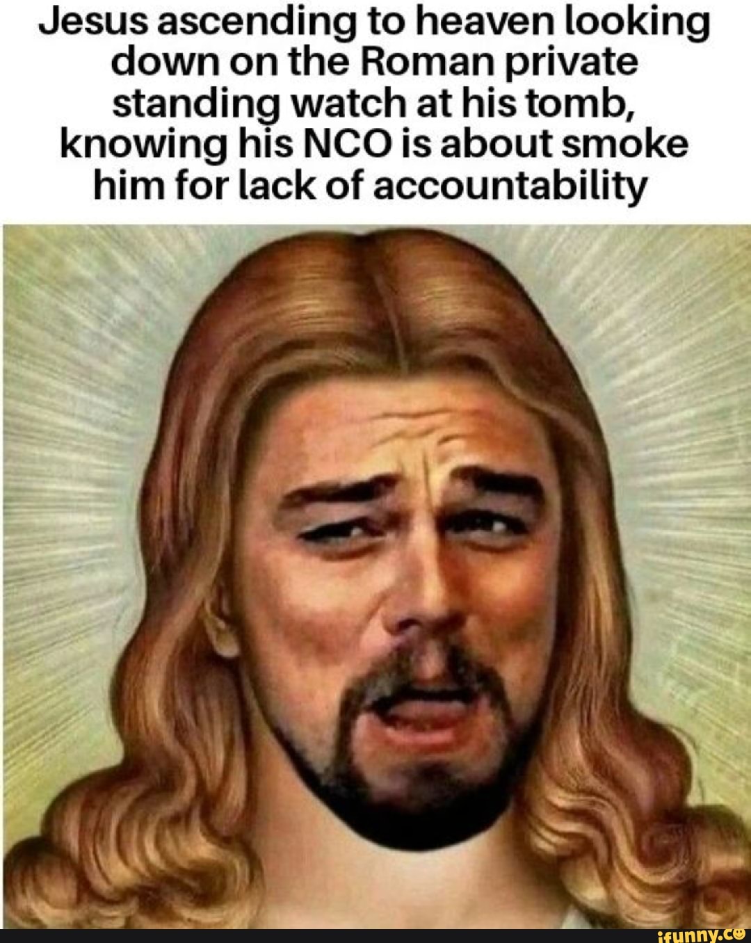 Jesus ascending to heaven looking down on the Roman private standing ...